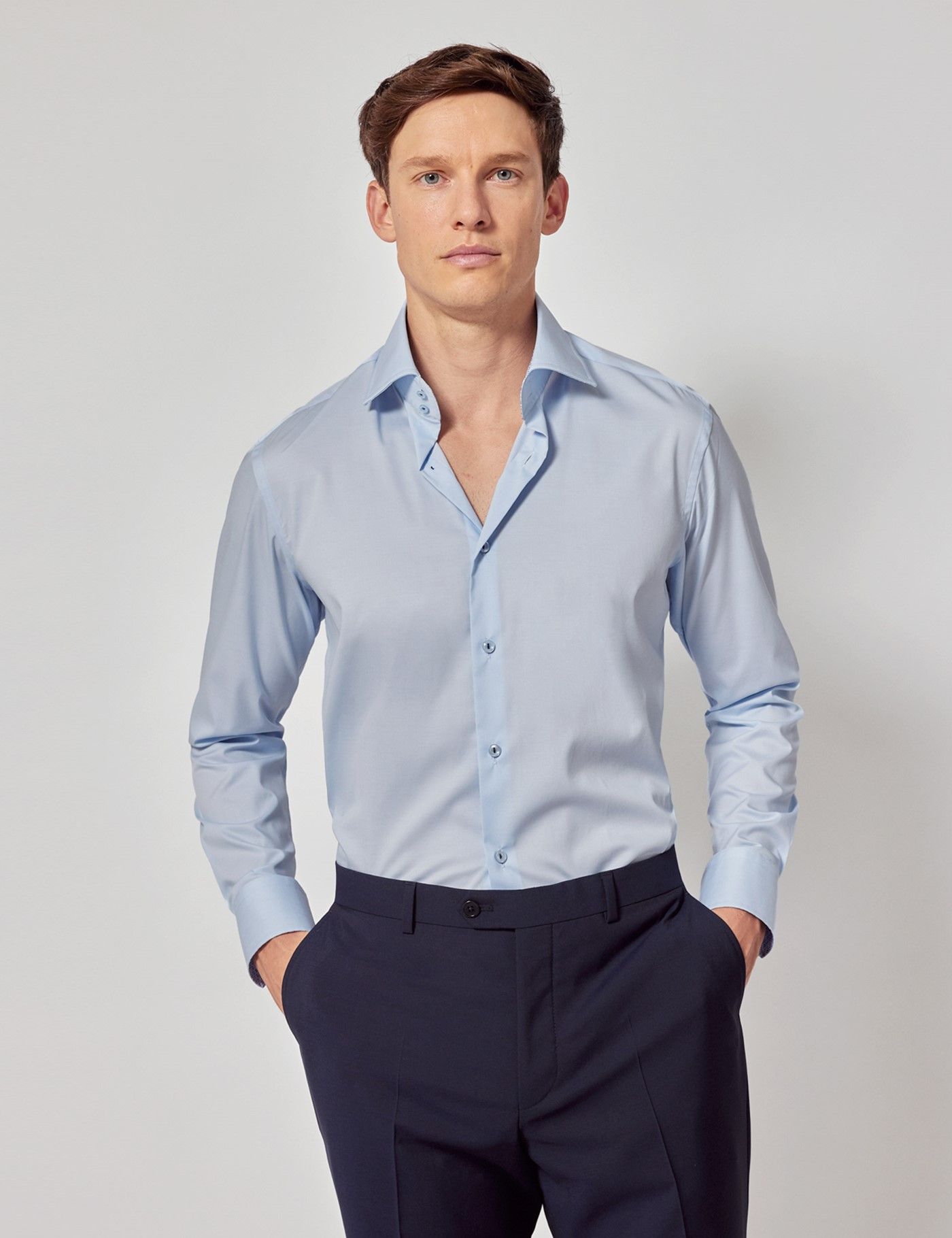 Men's Light Blue Slim Stretch Shirt - Contrast Detail - Mid-Collar ...