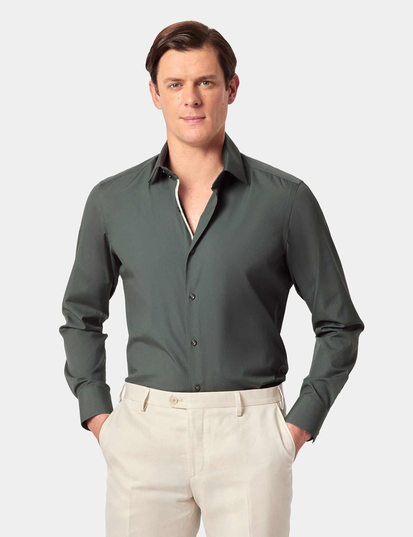 Men's Green Slim Stretch Shirt - Contrast Detail - Mid-Collar | Hawes ...