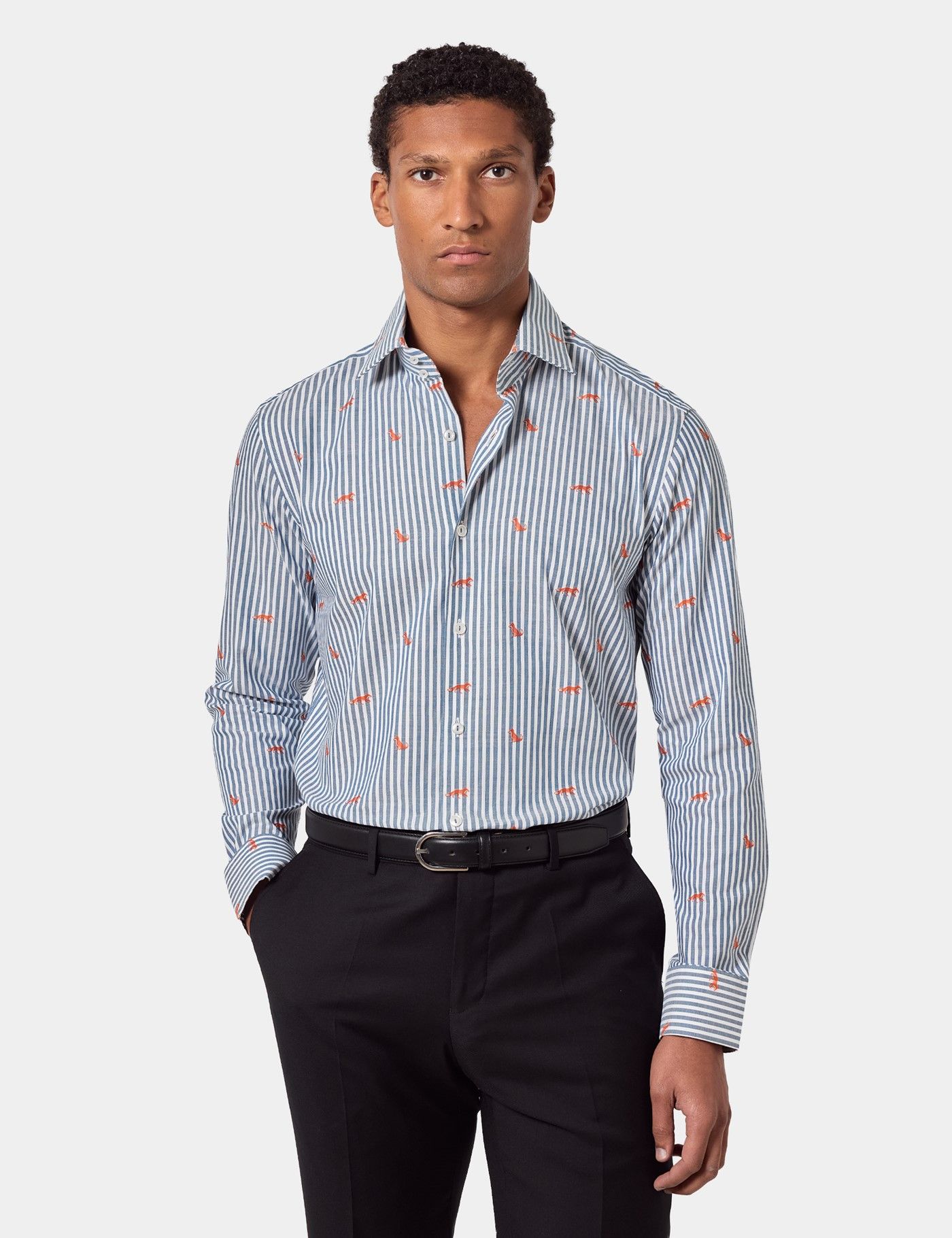 Men's Slim Fit Blue & White Dobby Fox Stripe Curtis Shirt | Hawes & Curtis