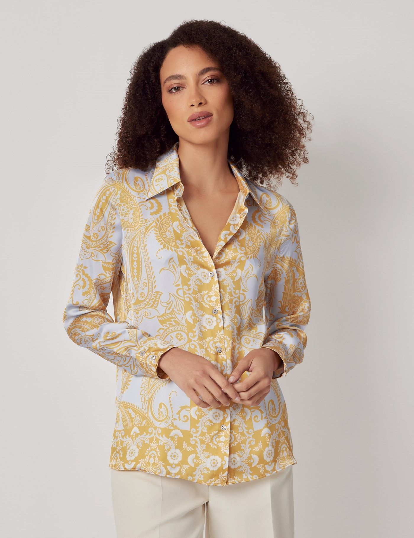 Women's Blue & Yellow Paisley Boutique Satin Blouse | Hawes & Curtis