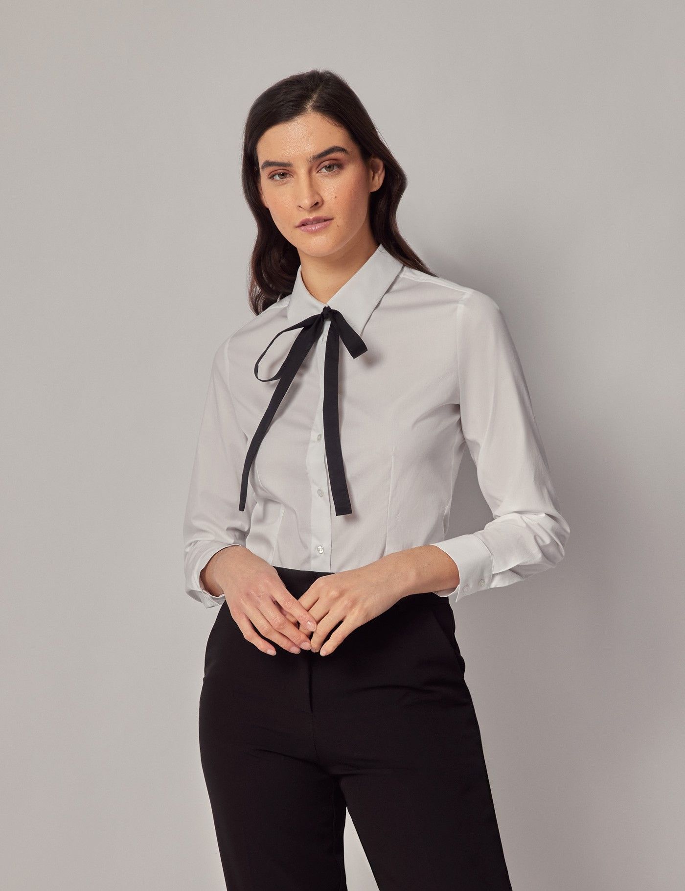 Women's White Contrast Ribbon Cotton Stretch Boutique Shirt | Hawes ...
