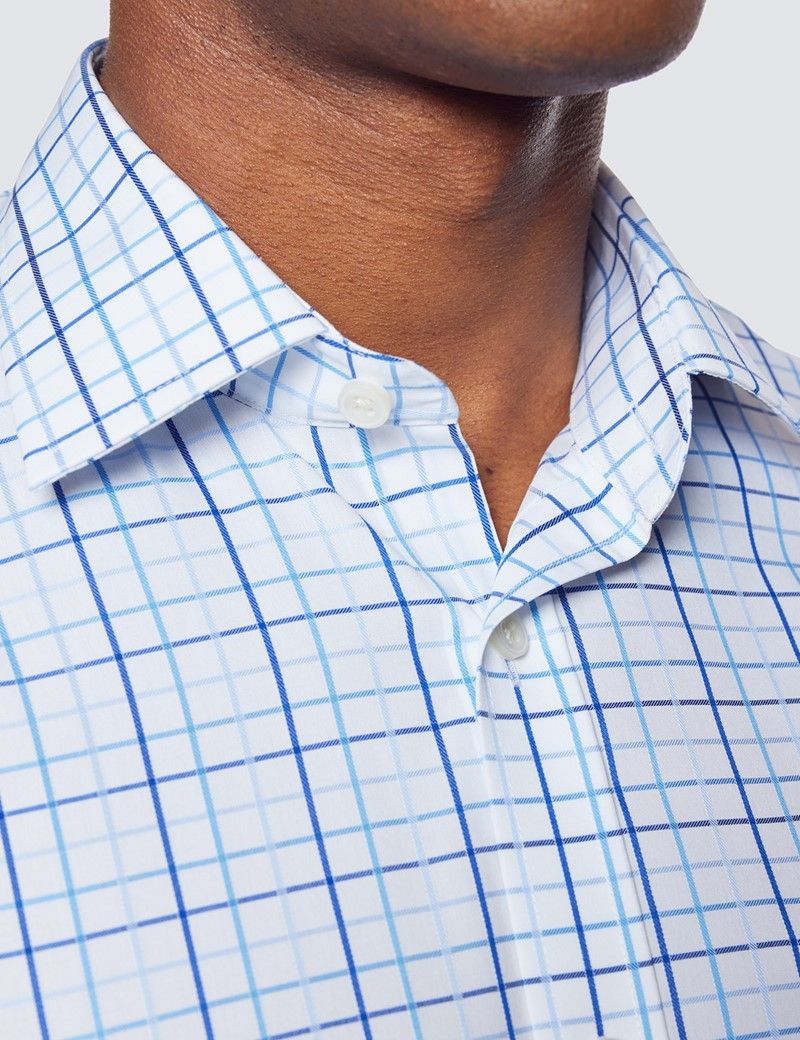 Blue & Navy Multi Check Tailored Fit Short Sleeve Shirt – Chest Pocket ...