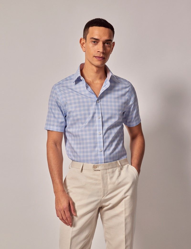 Men's Non-Iron Blue & Light Blue Check Slim Short Sleeve Shirt | Hawes ...