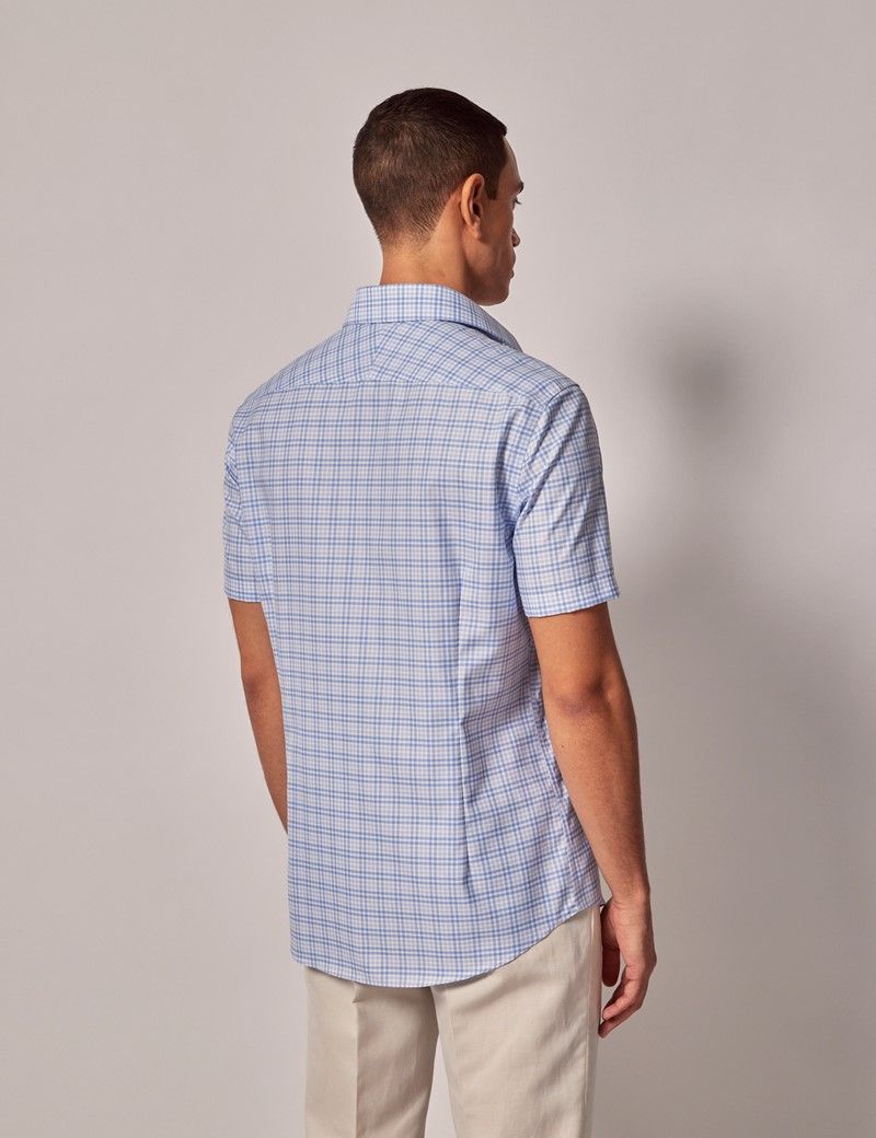 Men's Non-Iron Blue & Light Blue Check Slim Short Sleeve Shirt | Hawes ...