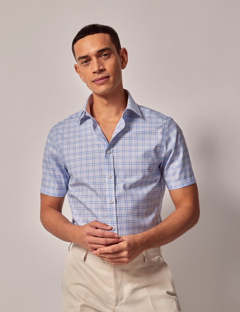 Men's Non-Iron Blue & Light Blue Check Slim Short Sleeve Shirt | Hawes ...
