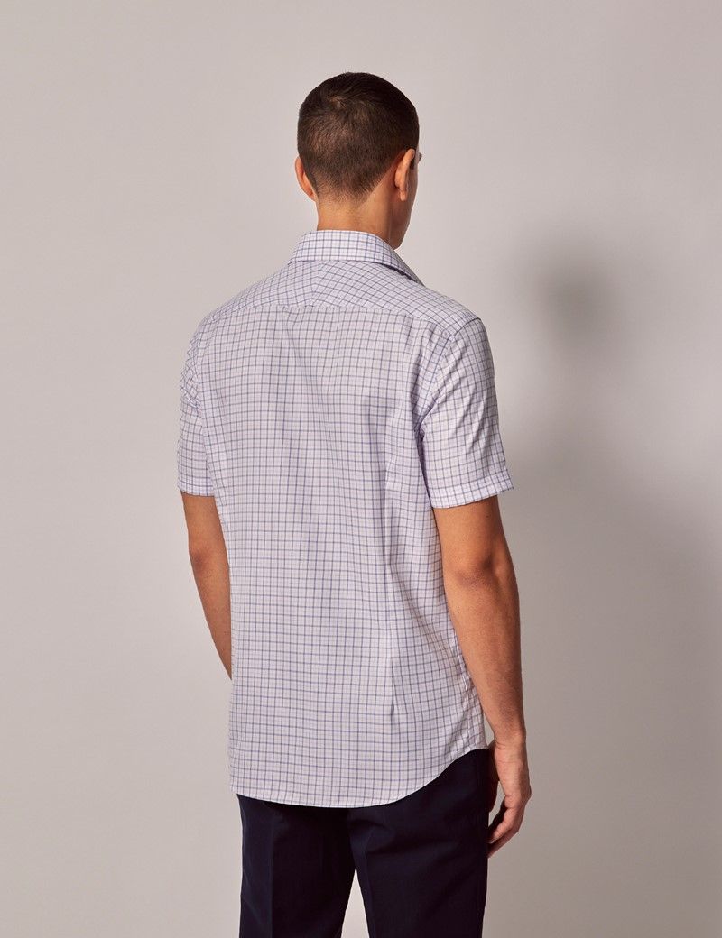 Men's Non-Iron Lilac & Blue Multi Check Slim Fit Short Sleeve Shirt | Hawes & Curtis