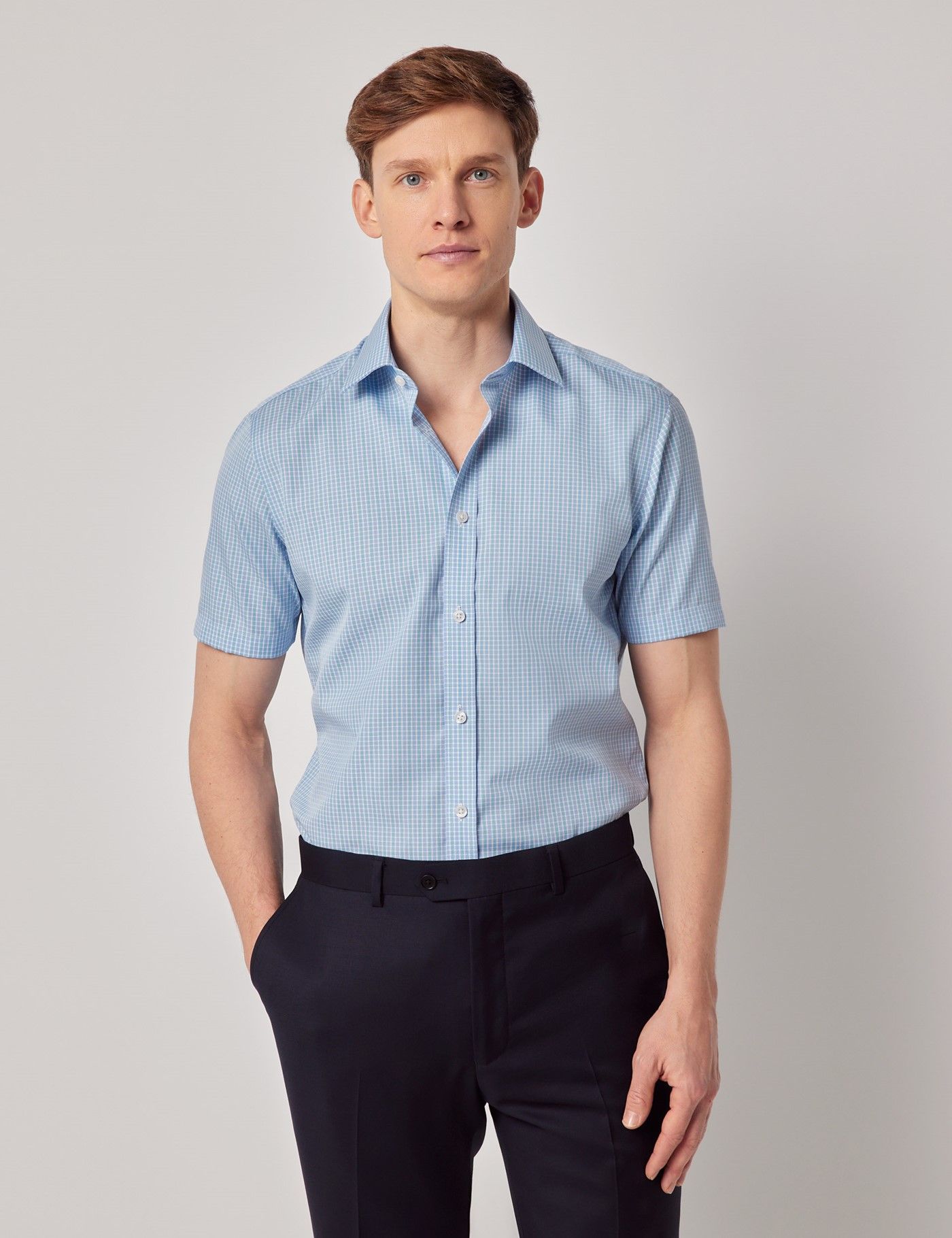 Men's Non-Iron Blue & White Check Slim Fit Shirt - Short Sleeve | Hawes & Curtis