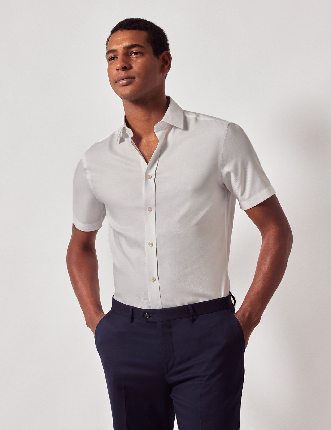 Men's White Cotton Tencel™ Blend Slim Fit Shirt - Short Sleeve | Hawes ...