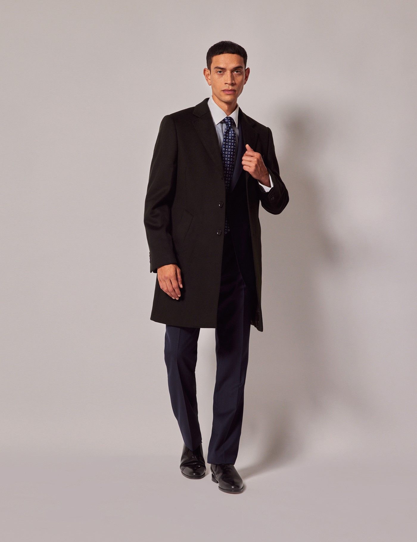 Men’s Black Wool Overcoat with Back Vent | Hawes & Curtis