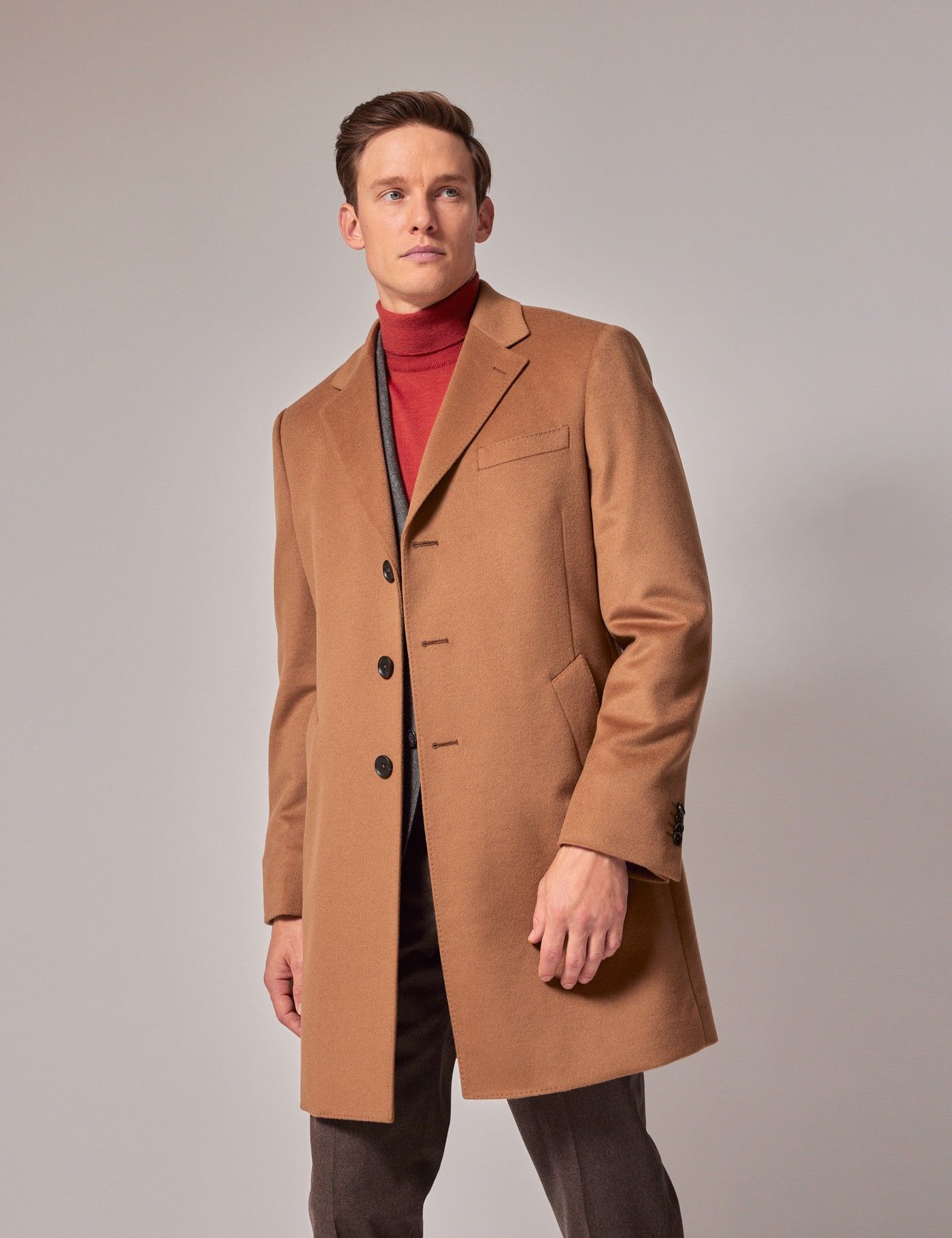 Men’s Tan Overcoat with Single Back Vent | Hawes & Curtis
