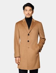 Men’s Tan Overcoat with Single Back Vent | Hawes & Curtis