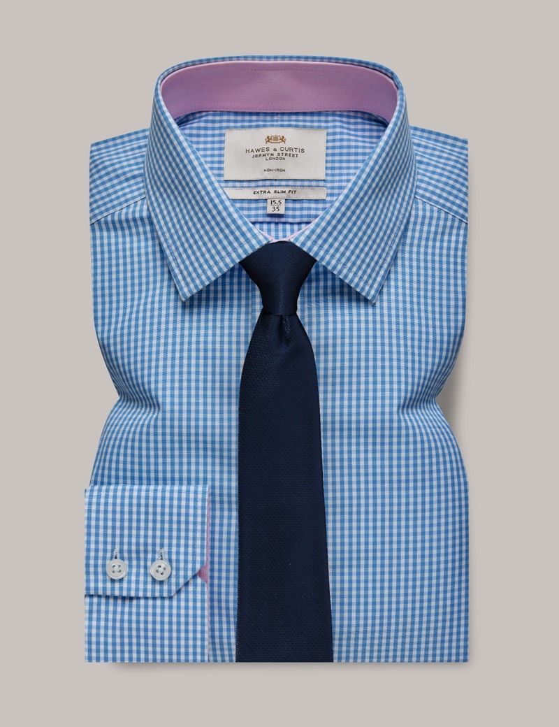 Men's Non-Iron Blue & White Gingham Check Extra Slim Shirt - Contrast Detail | Hawes & Curtis