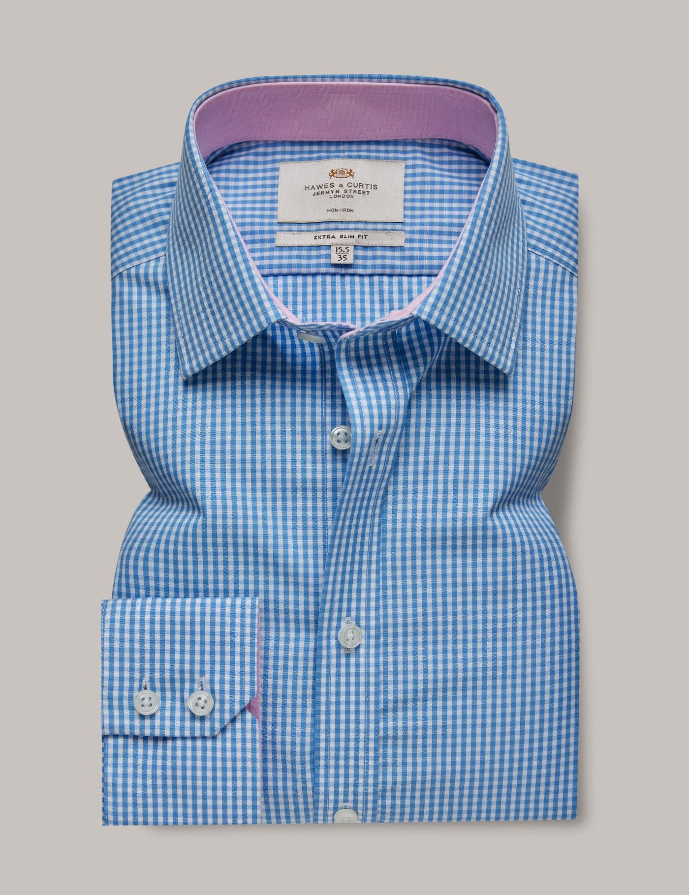 Men's Non-Iron Blue & White Gingham Check Extra Slim Shirt - Contrast Detail | Hawes & Curtis