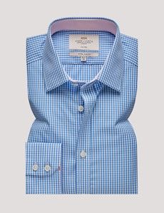Men's Non-Iron Blue & White Gingham Extra Slim Shirt - Contrast Detail | Hawes & Curtis
