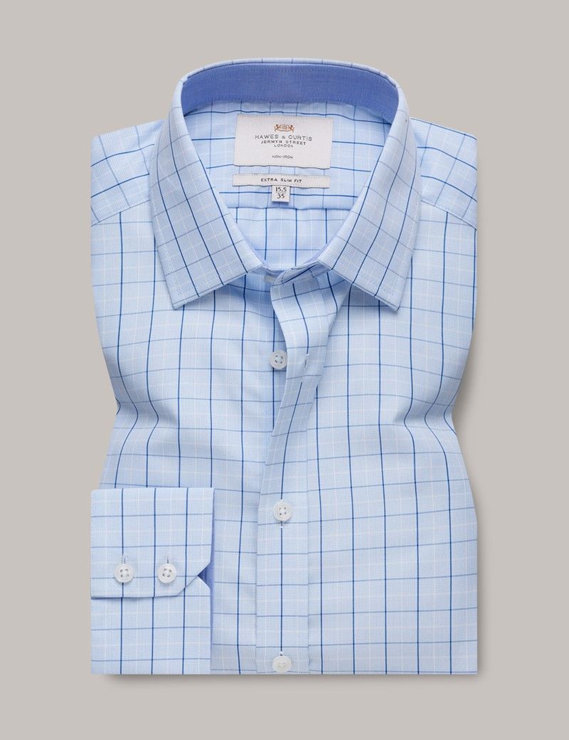 Men's Non-Iron Blue & Navy Check Extra Slim Shirt - Contrast Detail | Hawes & Curtis