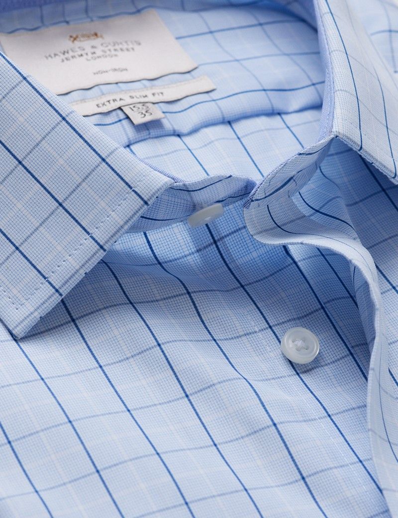 Men's Non-Iron Blue & Navy Check Extra Slim Shirt - Contrast Detail | Hawes & Curtis