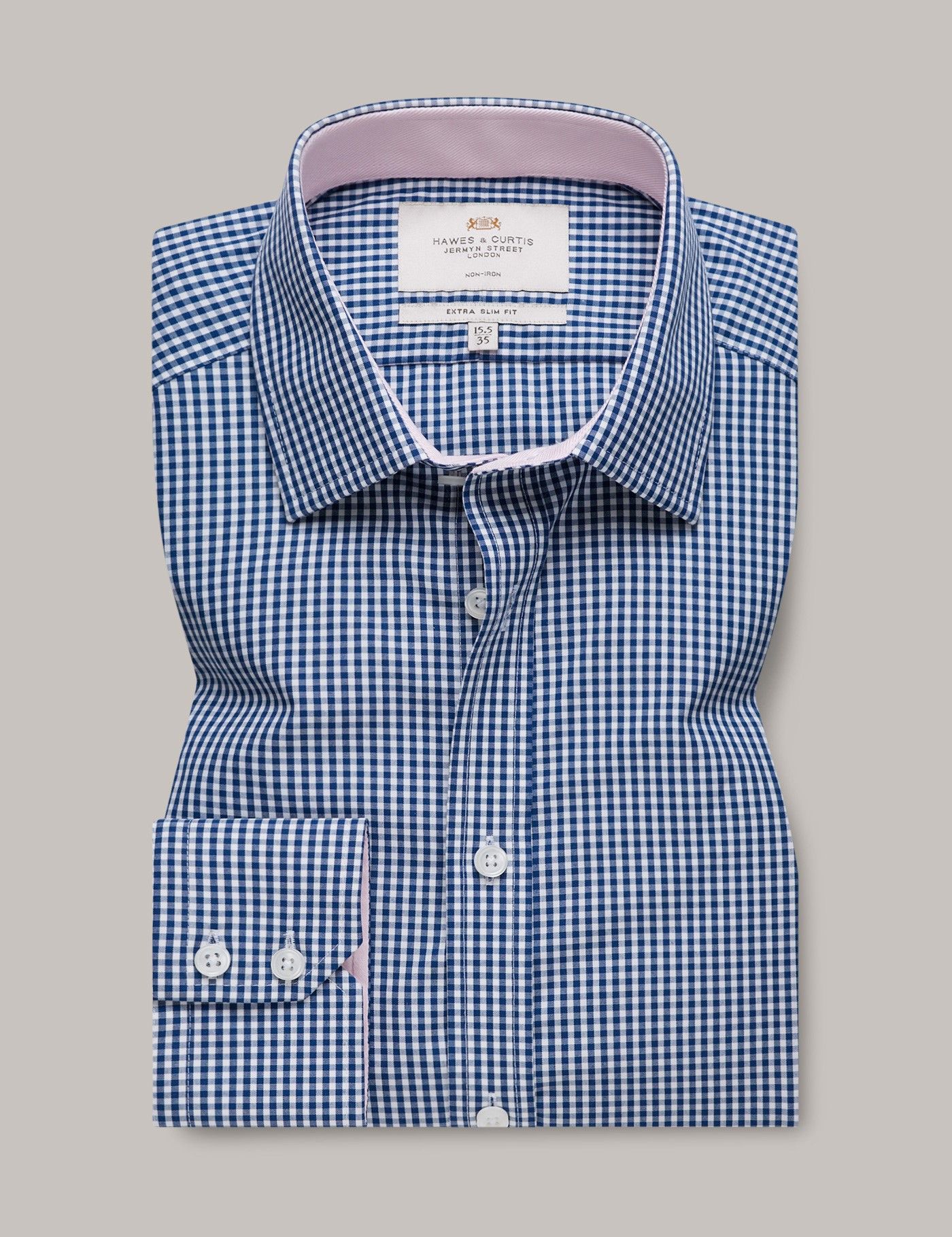 Men's Non-Iron Navy & White Gingham Check Extra Slim Shirt - Contrast Detail| Hawes & Curtis