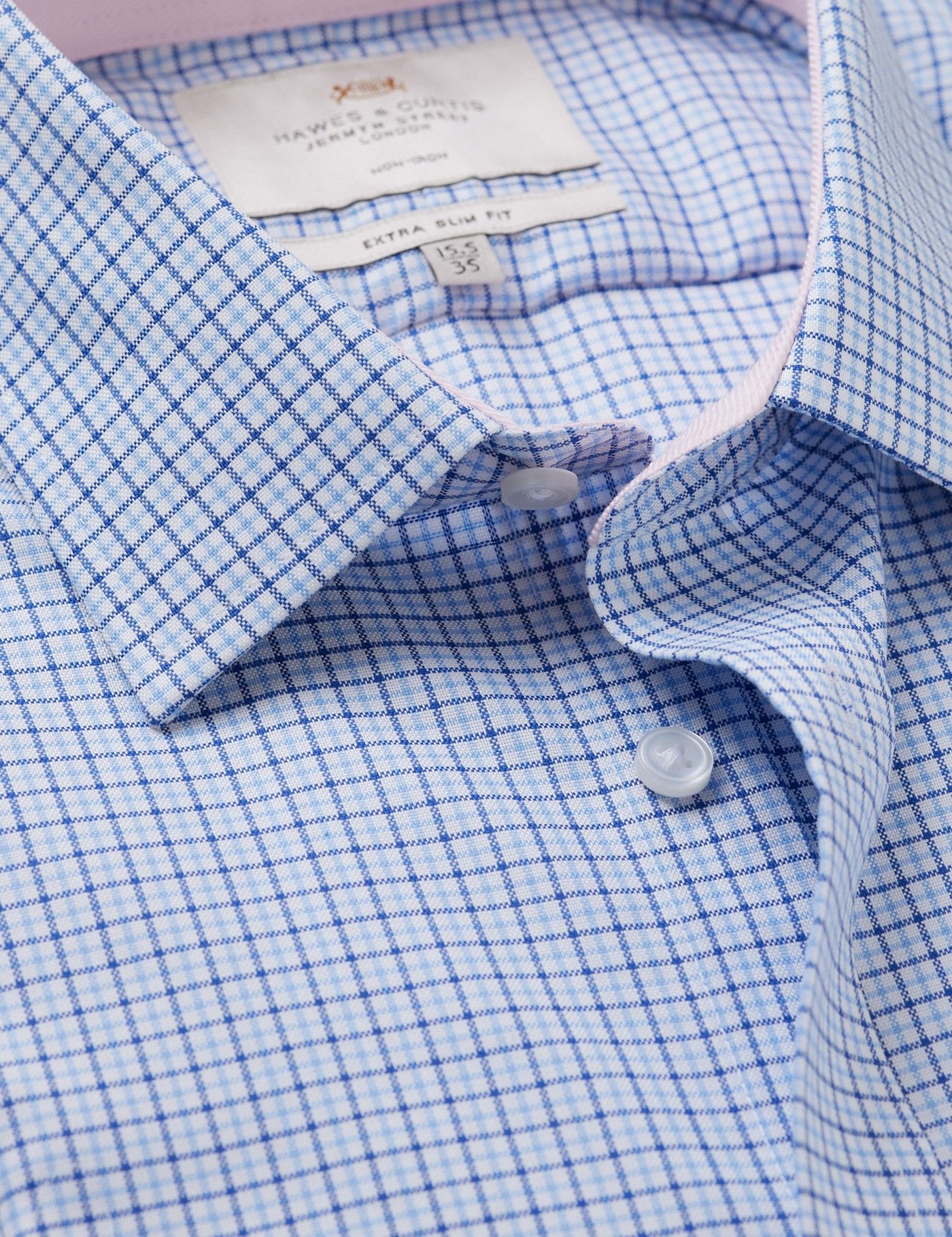 Men's Non-Iron Blue & Navy Check Extra Slim Fit Shirt - Contrast Detail | Hawes & Curtis