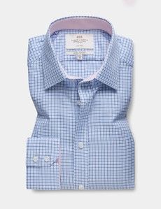 Men's Non-Iron Blue & Navy Check Extra Slim Fit Shirt - Contrast Detail | Hawes & Curtis