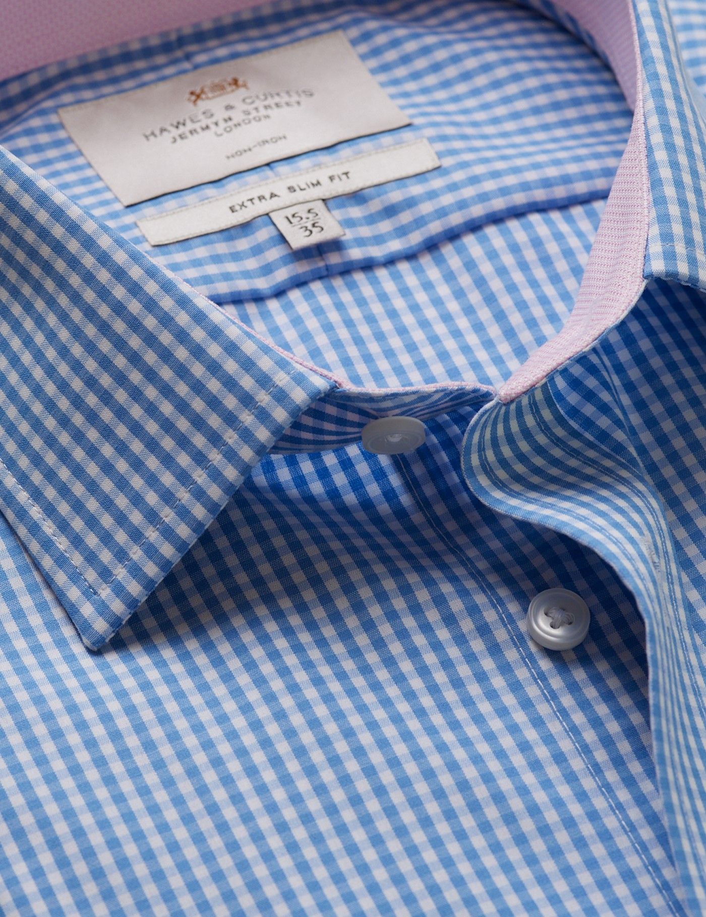 Men's Non-Iron Blue & White Gingham Check Extra Slim Fit Shirt ...