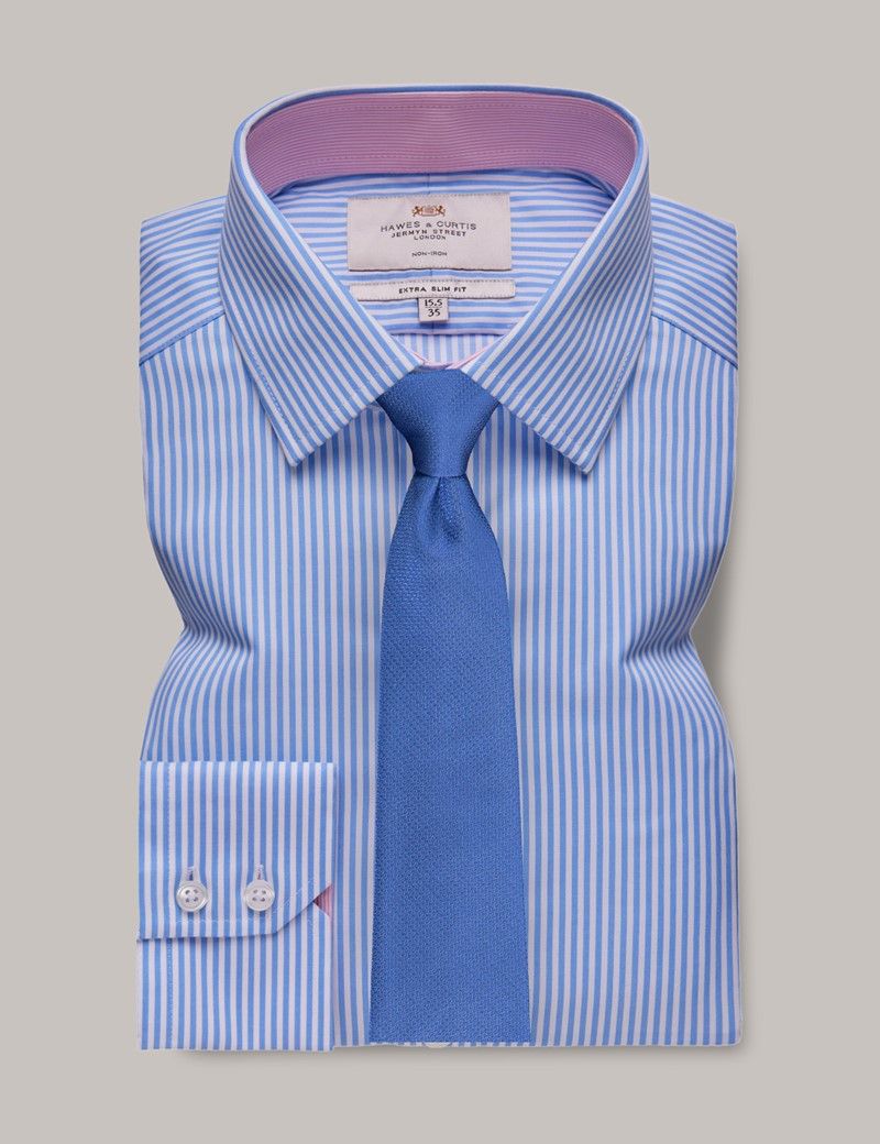 Mens Non Iron Blue And White Bengal Stripe Extra Slim Shirt With