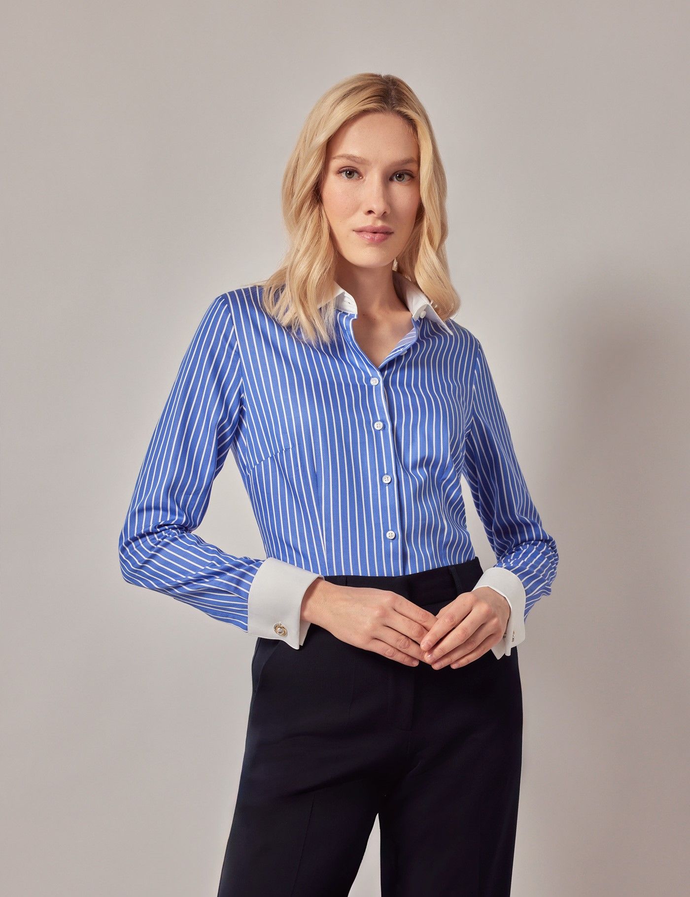 Women's Executive Blue & White Bengal Stripe Fitted Shirt - White ...