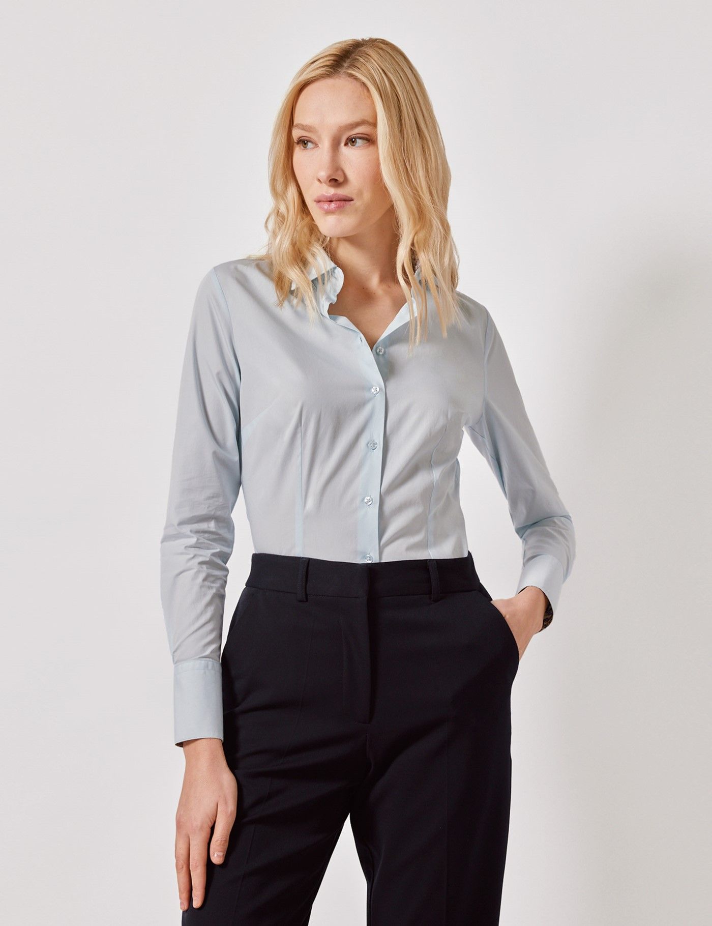 Women's Light Blue Cotton Stretch Fitted Shirt | Hawes and Curtis