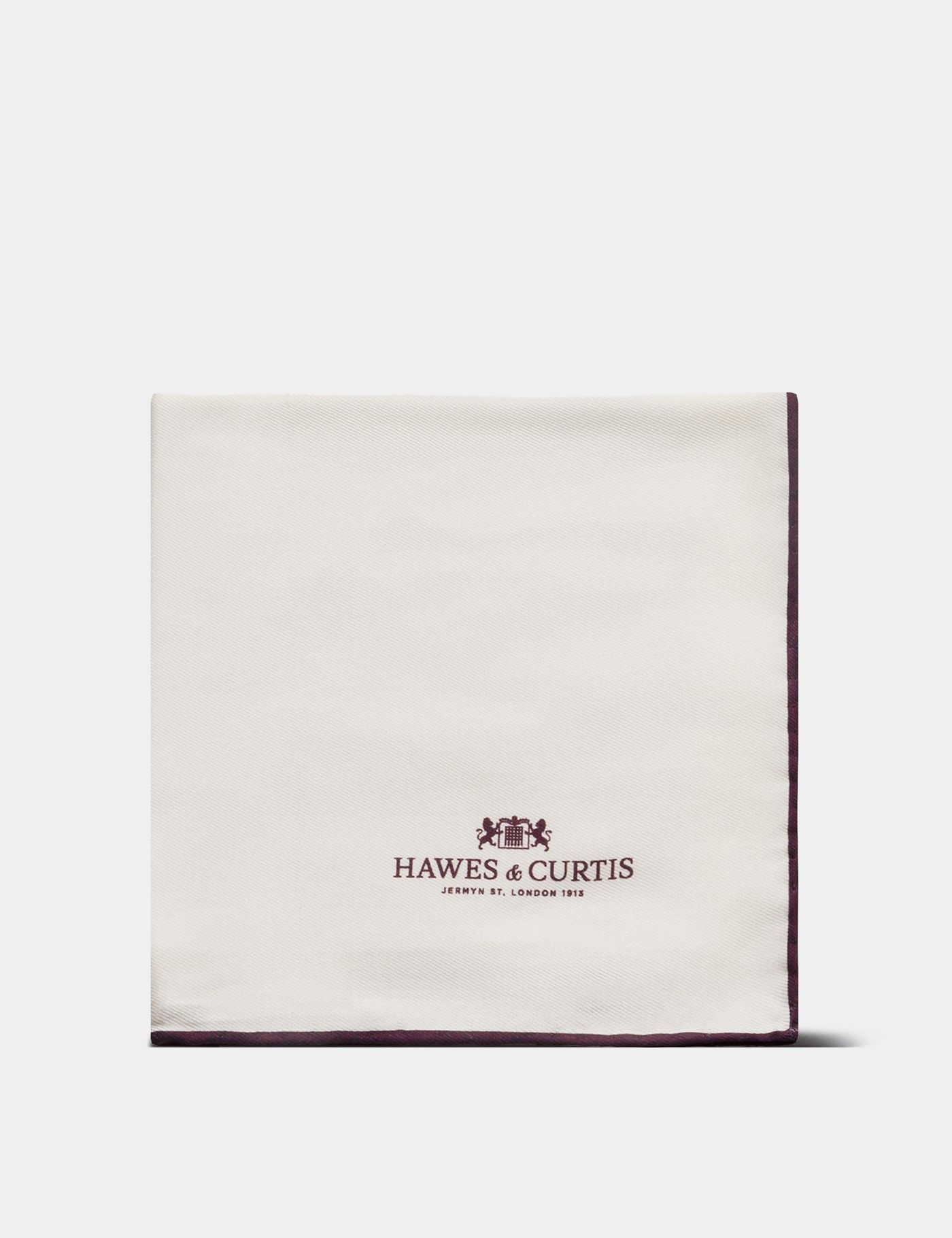 Men's White Pocket Square With Plum Border | Hawes and Curtis