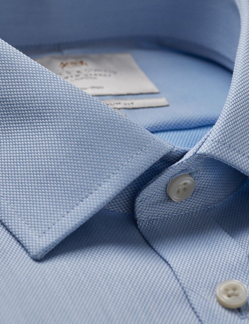 Non Iron Blue Pique Fitted Slim Shirt With Semi Cutaway Collar - Single ...