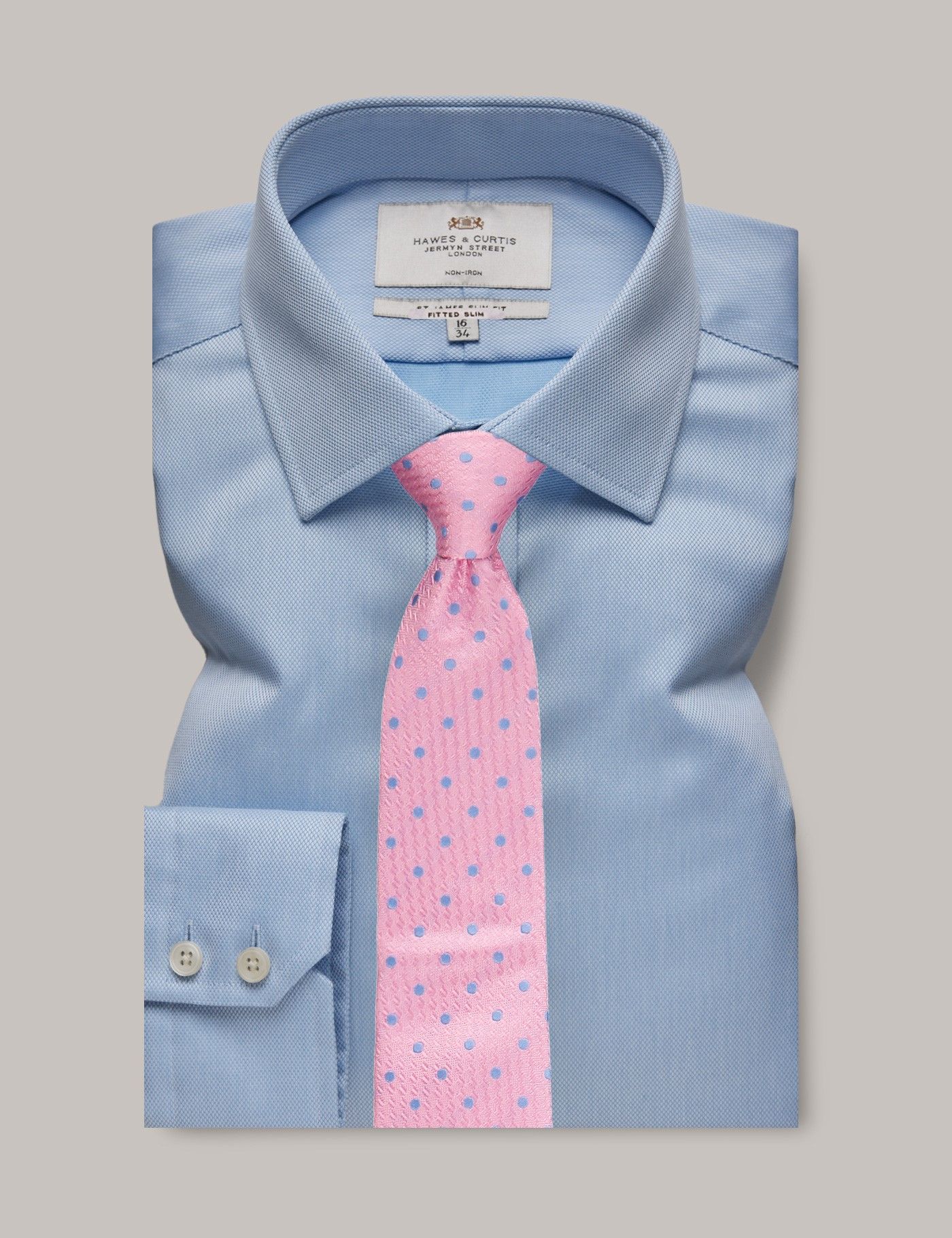 Non Iron Blue Pique Fitted Slim Shirt With Semi Cutaway Collar - Single ...