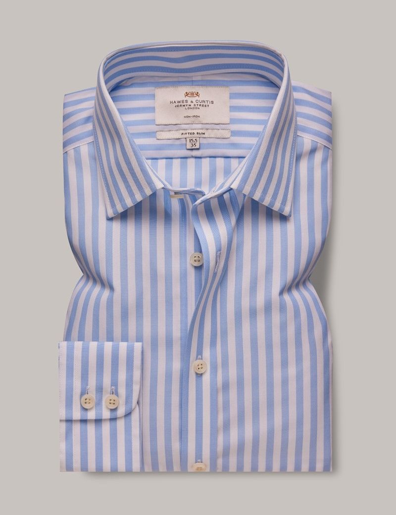Men's Non-Iron Blue & White Bold Stripe Fitted Slim Shirt