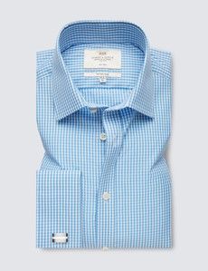 Non-Iron Blue & White Gingham Check Fitted Slim Shirt - Semi Cutaway Collar - Double Cuffs ...