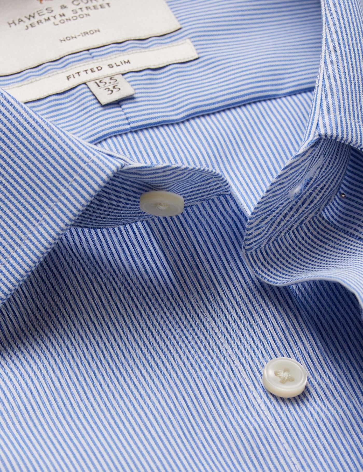 Men's Non Iron Blue & White Fine Stripe Fitted Slim Shirt - Double Cuffs