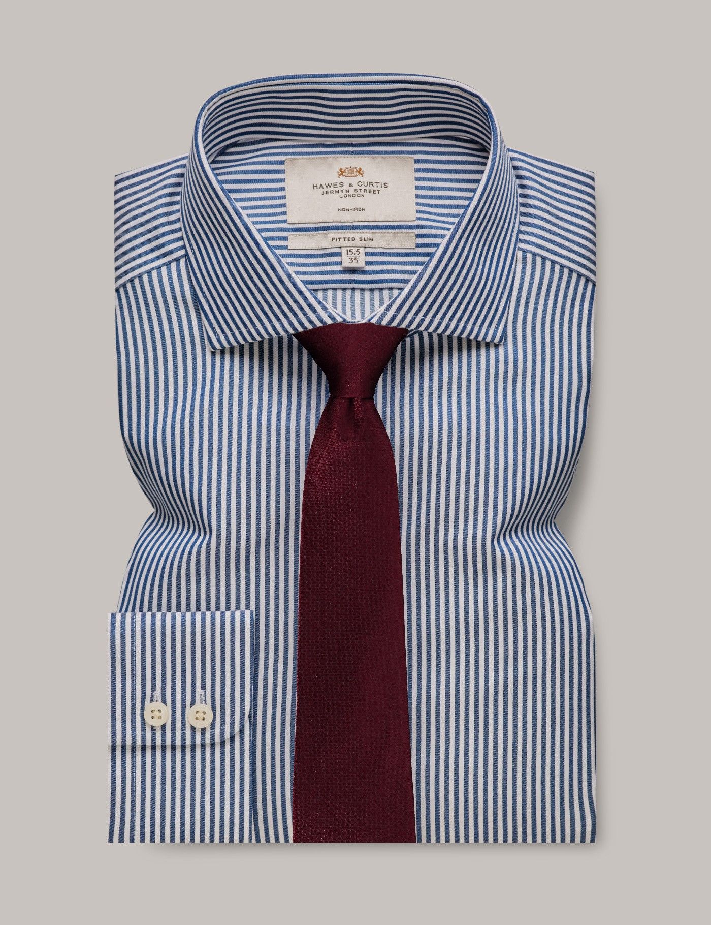 Mens Non Iron Navy And White Bengal Stripe Fitted Slim Shirt Windsor