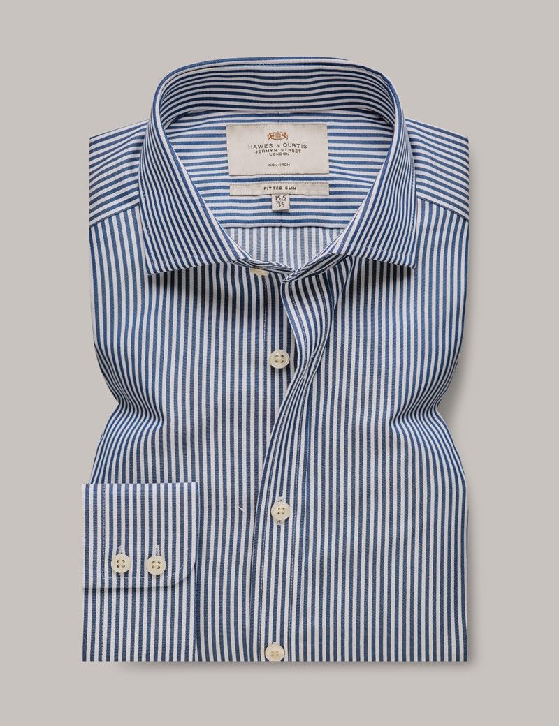 Mens Non Iron Navy And White Bengal Stripe Fitted Slim Shirt Windsor