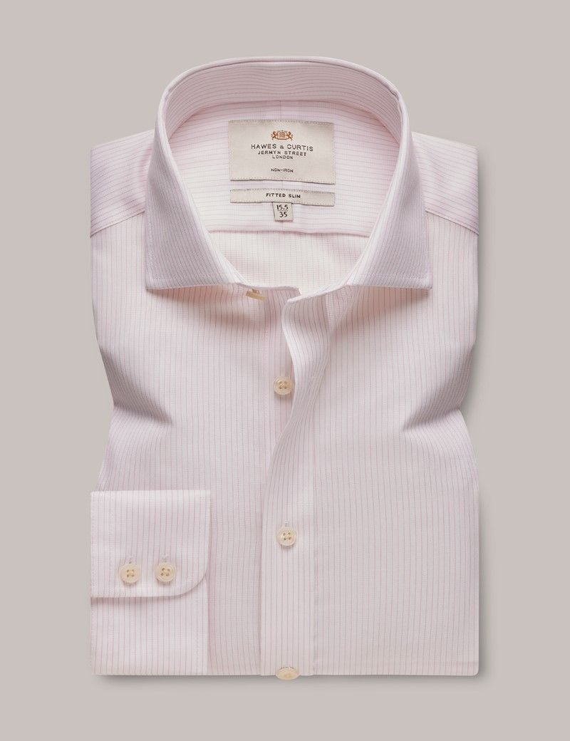 Mens Non Iron Pink And White Bi Colour Stripe Fitted Slim Shirt