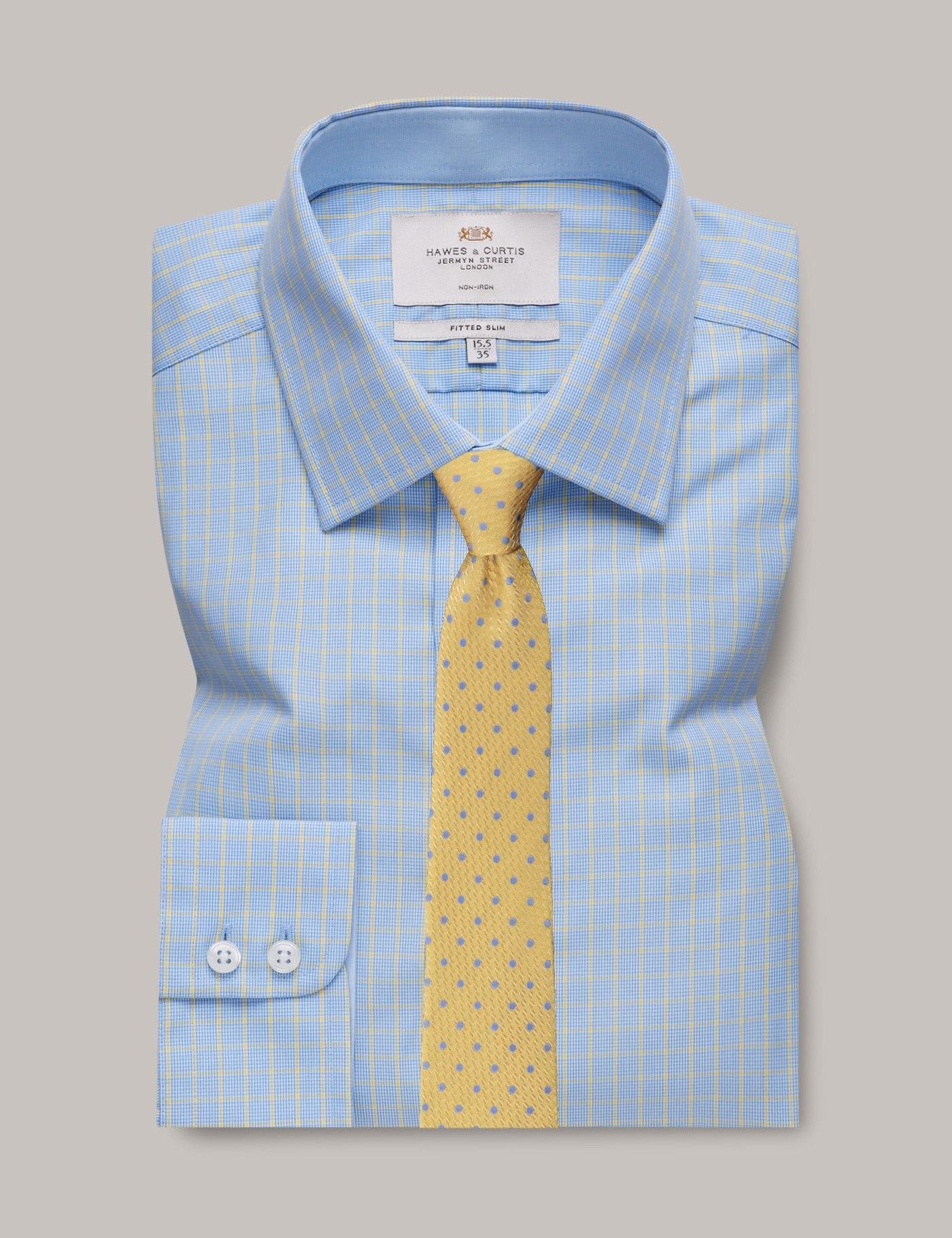 Men's Non-Iron Blue & Yellow Check Fitted Slim Shirt - Contrast Detail | Hawes & Curtis