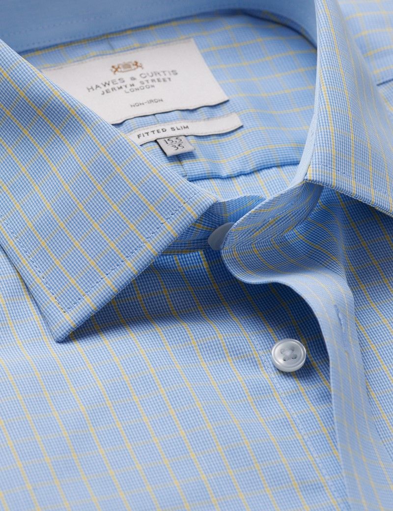 Men's Non-Iron Blue & Yellow Check Fitted Slim Shirt - Contrast Detail | Hawes & Curtis