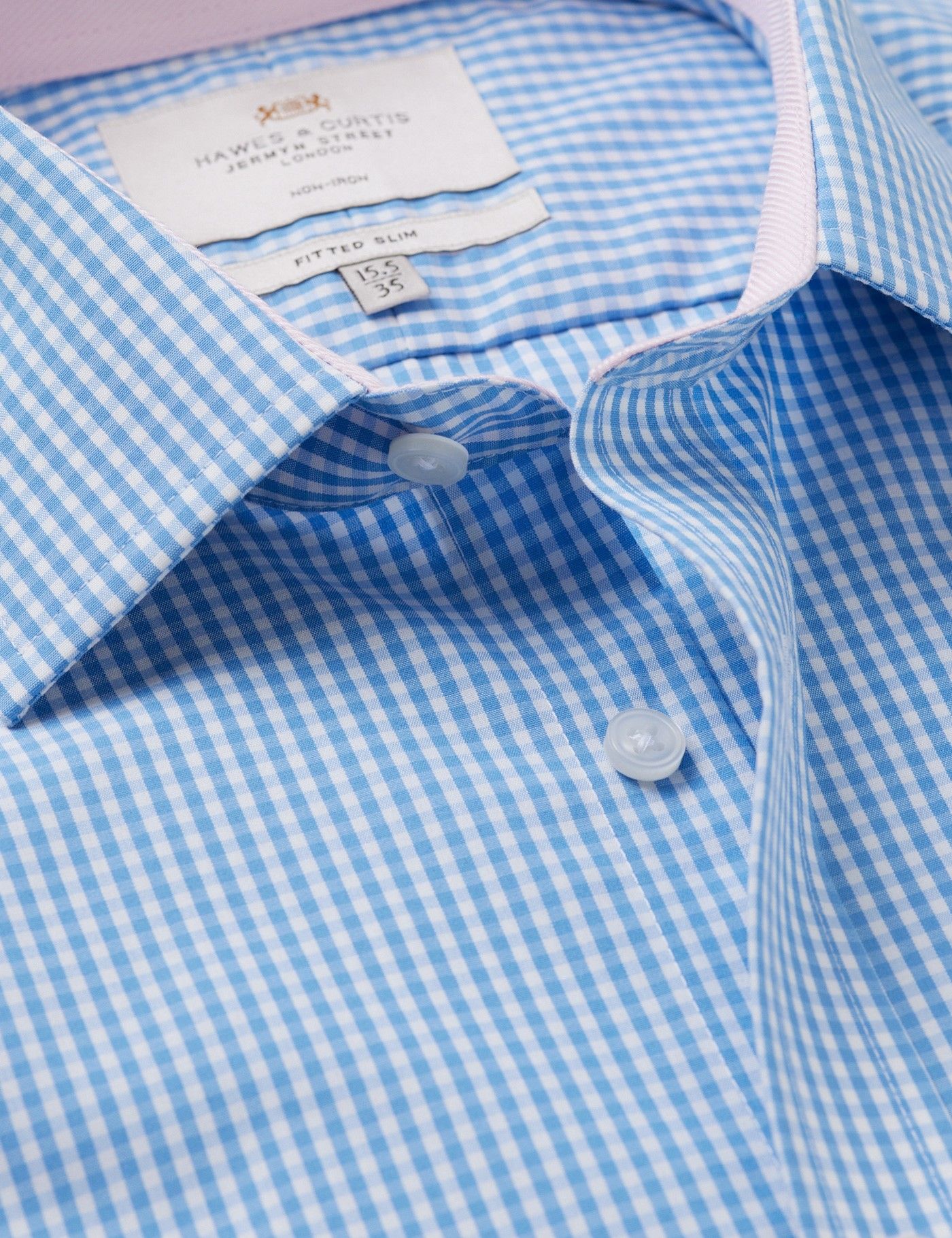 Men's Non-Iron Blue & White Gingham Check Fitted Slim Fit Shirt - Contrast Detail | Hawes & Curtis