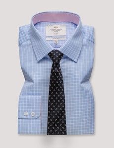Men's Non-Iron Blue & White Grid Check Fitted Slim Fit Shirt - Contrast Detail | Hawes & Curtis