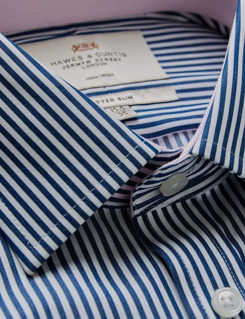 Mens Non Iron Navy And White Bengal Stripe Fitted Slim Shirt With