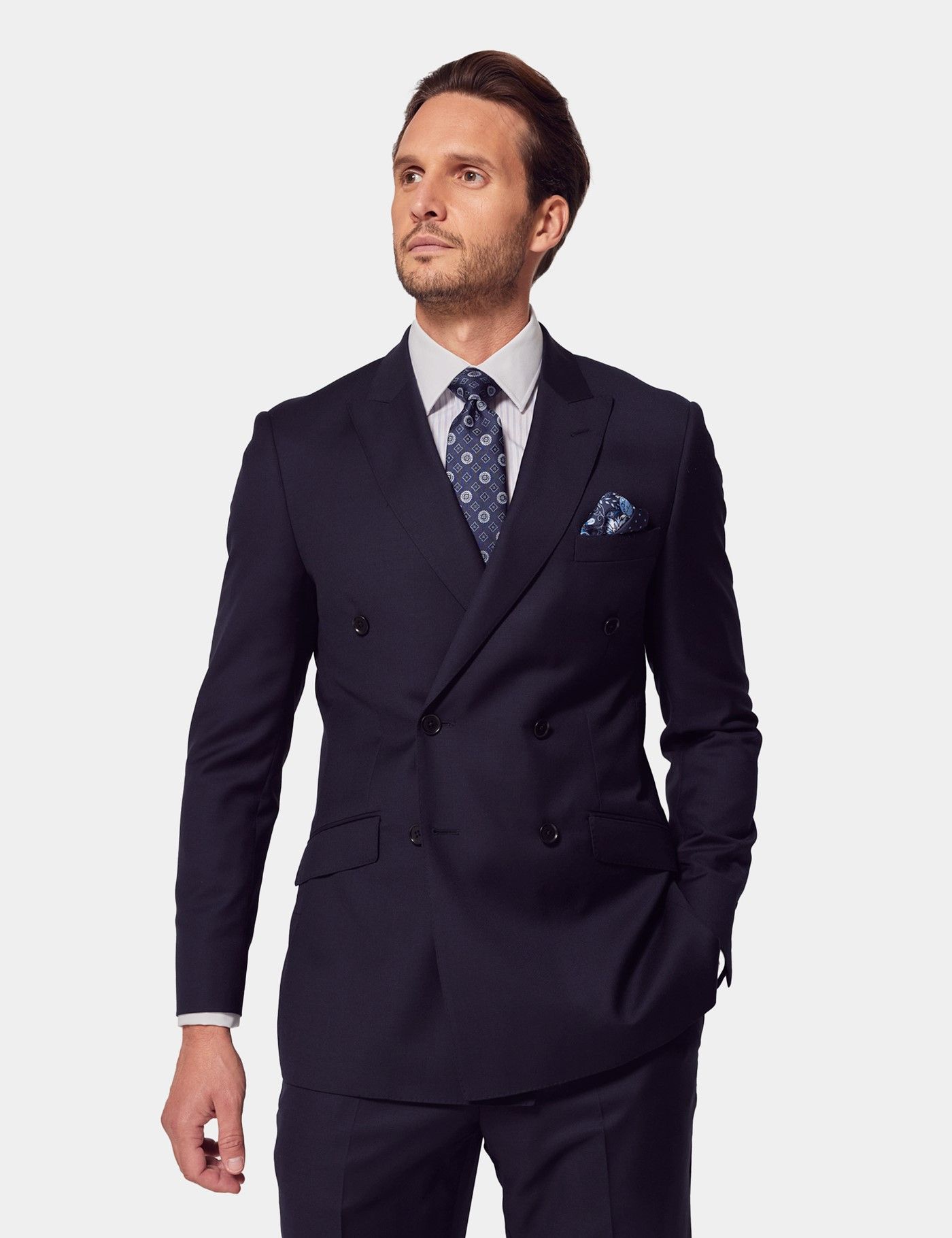 Men's Navy Twill Wool Double Breasted Slim Fit Suit Jacket | Hawes & Curtis