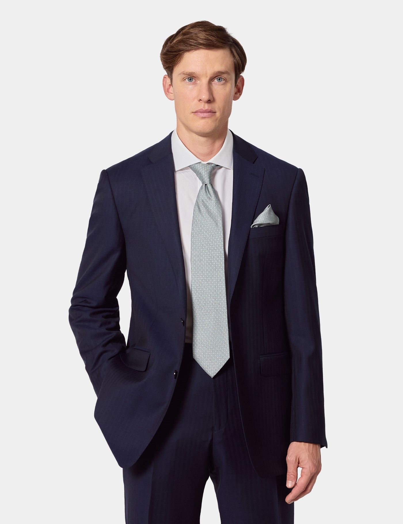 Men's Navy Herringbone Wool Classic Fit Suit| Hawes and Curtis