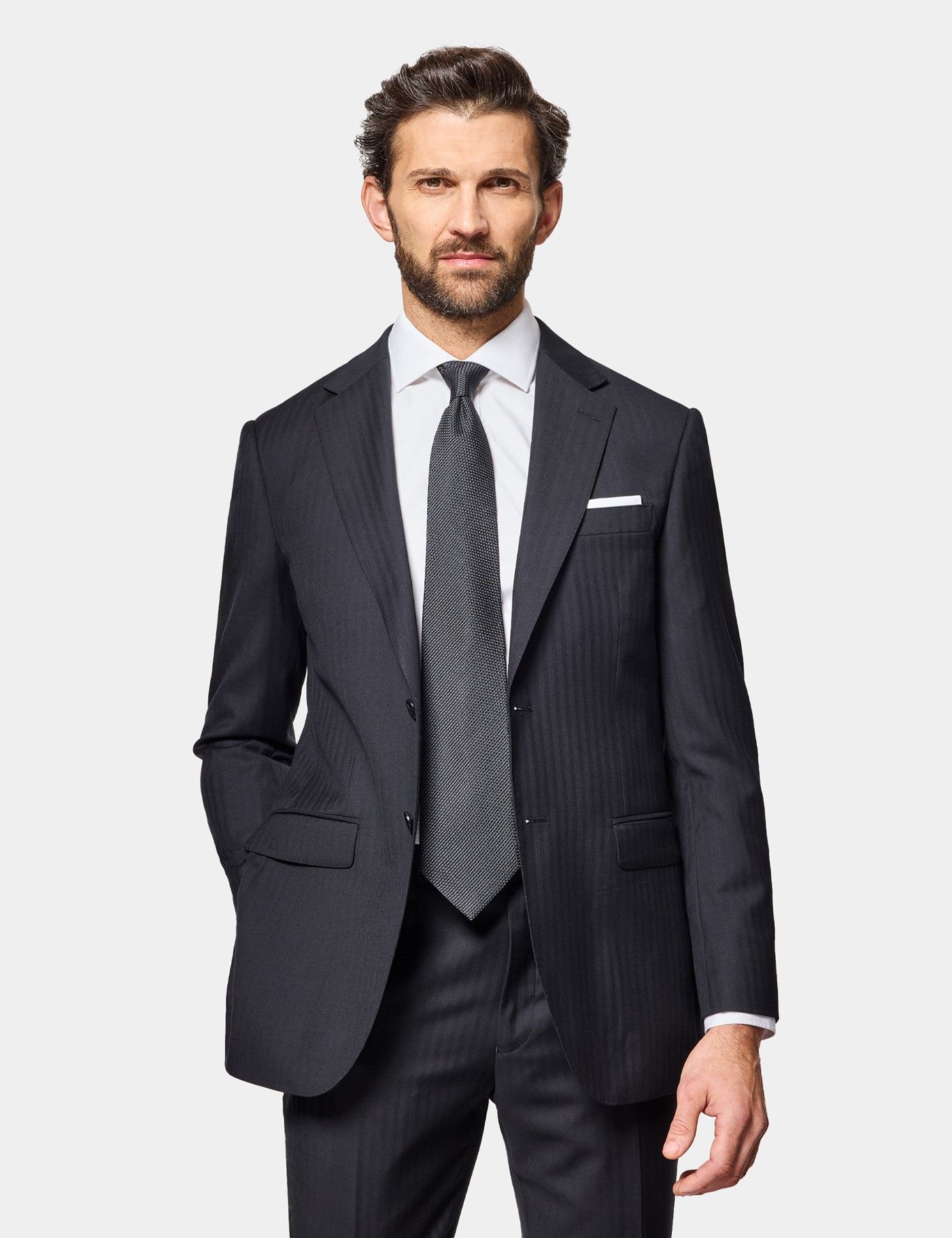Men S Black Herringbone Slim Suit Hawes And Curtis