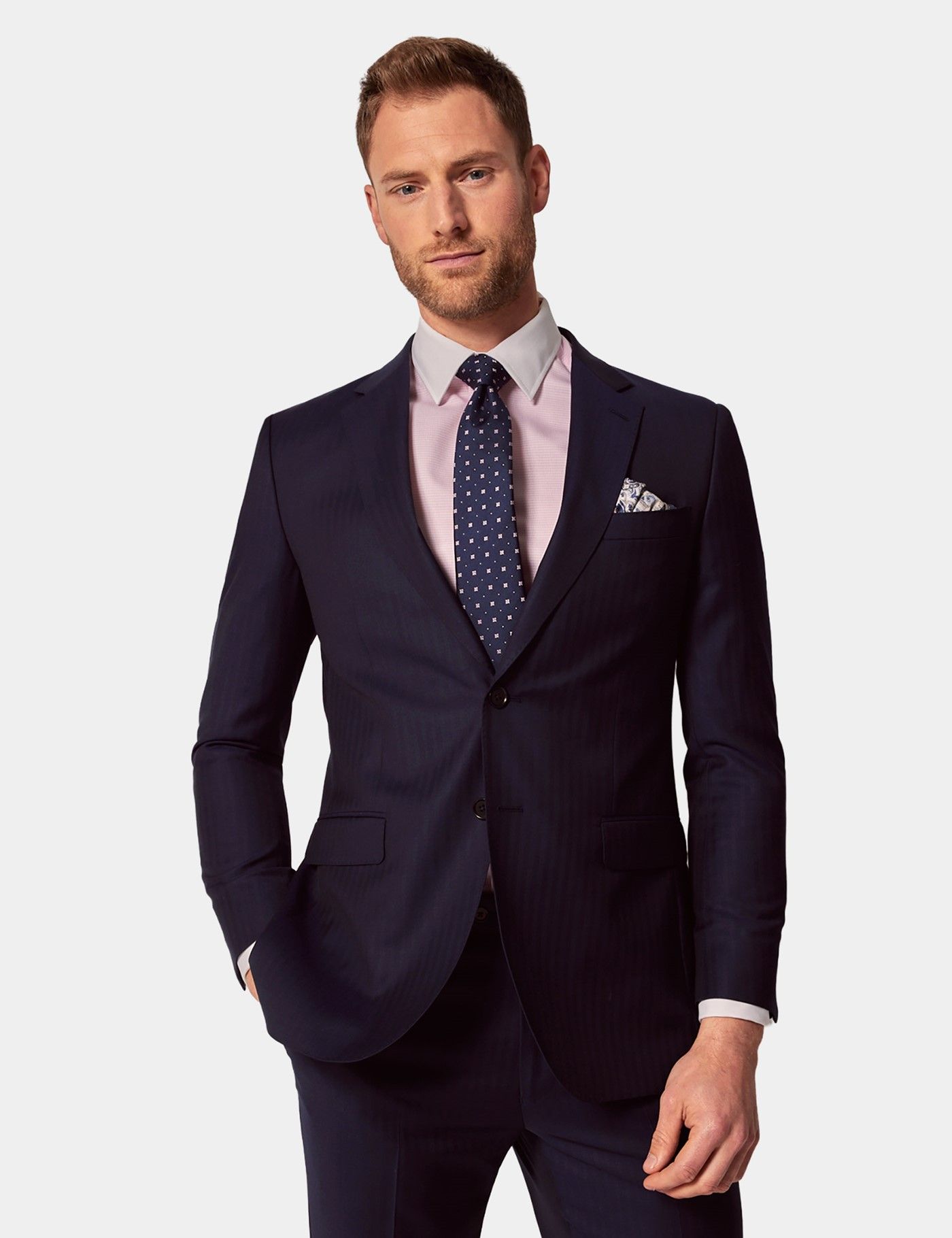 Men's Navy Herringbone Wool Slim Fit Suit | Hawes and Curtis