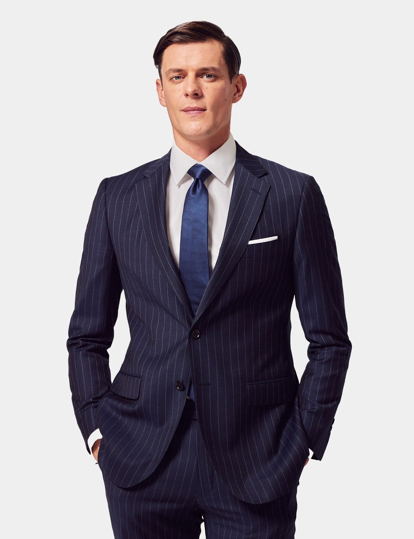 Men's Navy Chalk Stripe Wool Slim Fit Suit Jacket | Hawes & Curtis
