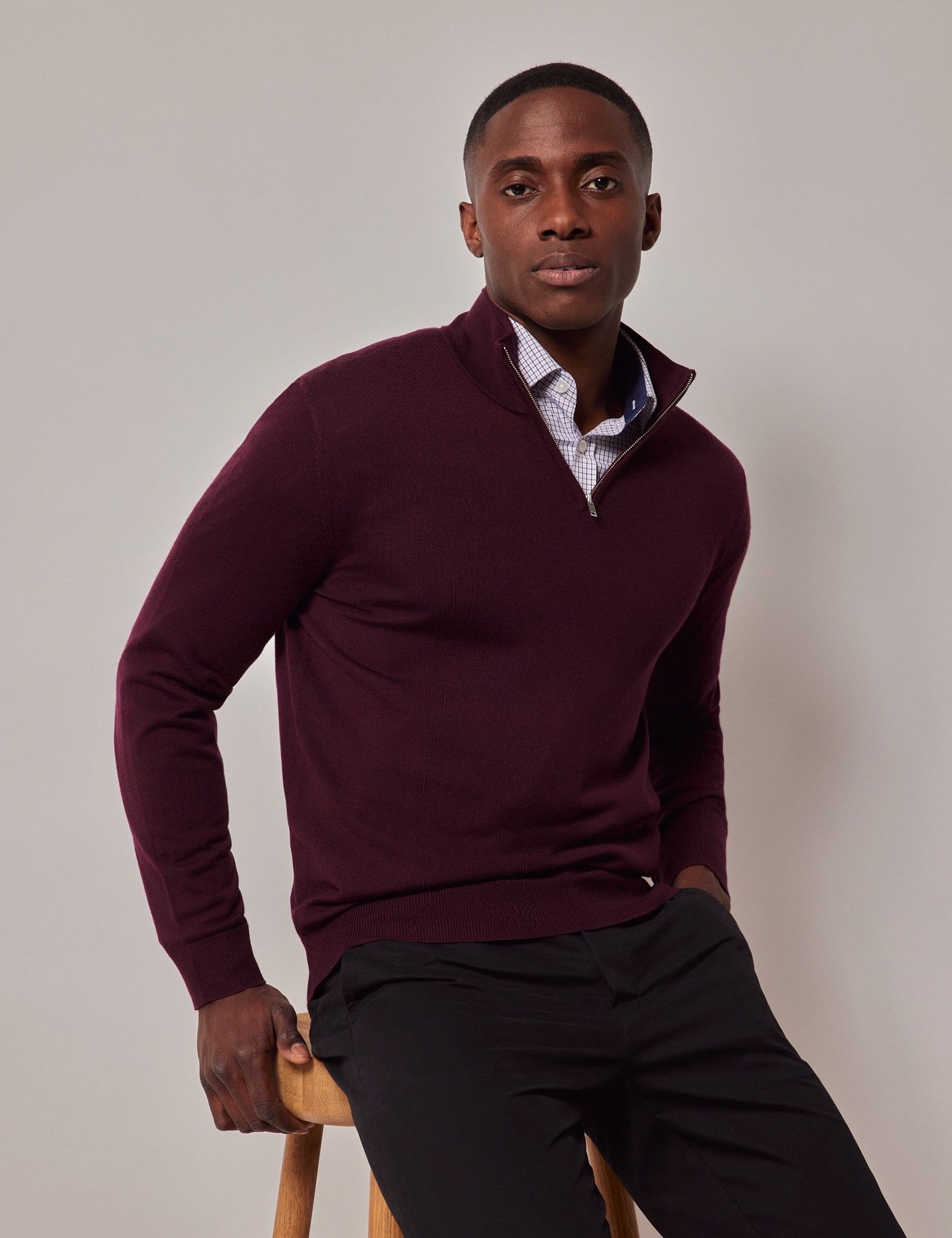 Men's Claret Half Zip Merino Jumper - Machine Washable | Hawes & Curtis