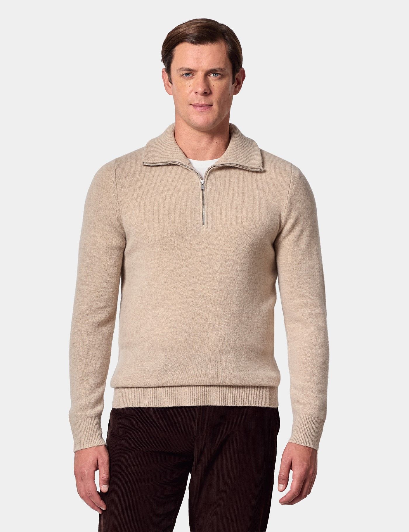 Men's Light Sand Flat Lay Zip Neck Jumper | Hawes & Curtis