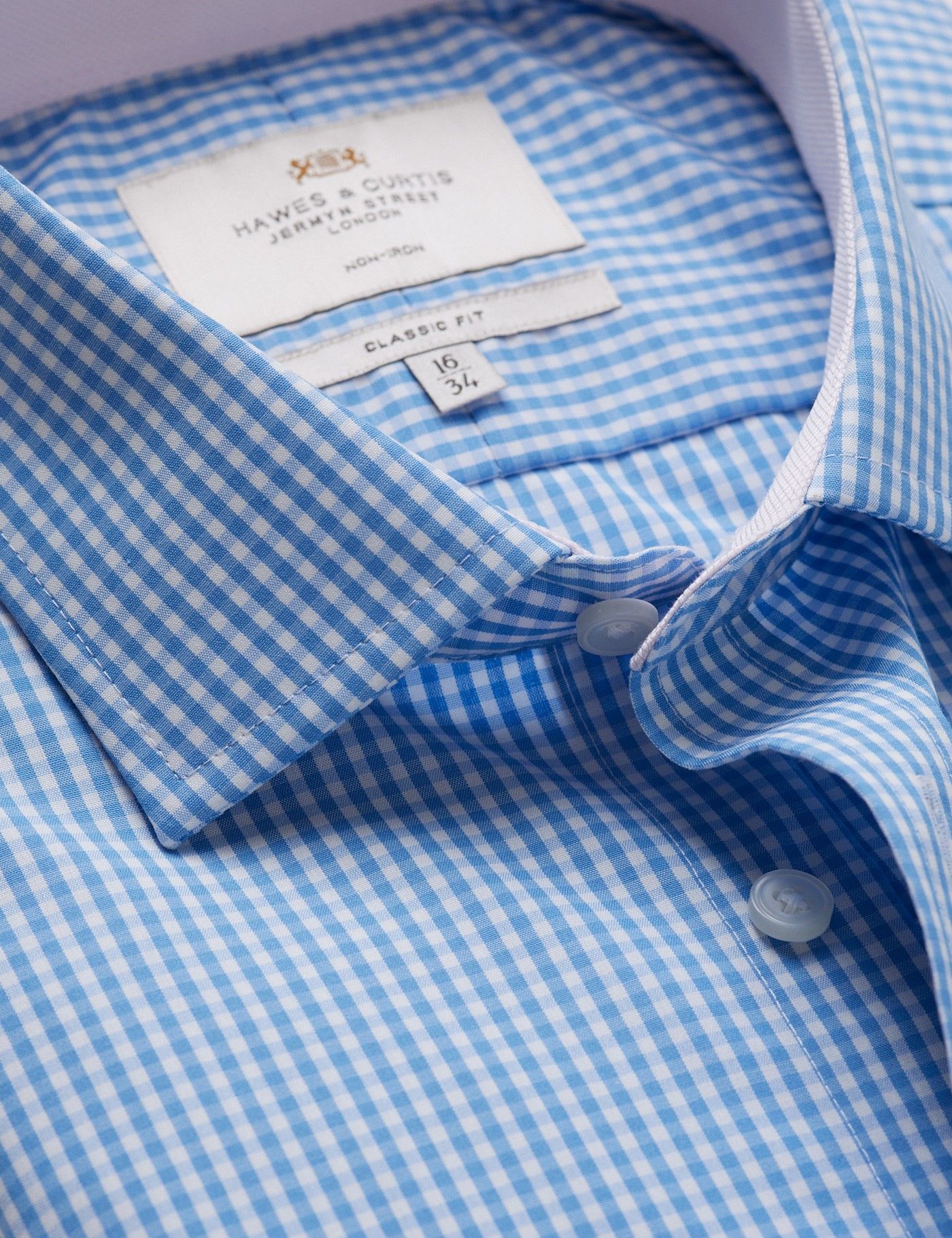 Men's Non-Iron Blue & White Gingham Check Classic Fit Shirt | Hawes & Curtis