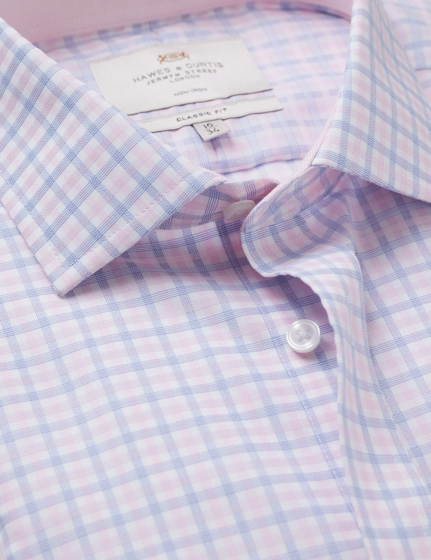 Men's Non-Iron Blue & Pink Check Classic Fit Shirt - Contrast Detail & Breast Pocket | Hawes ...
